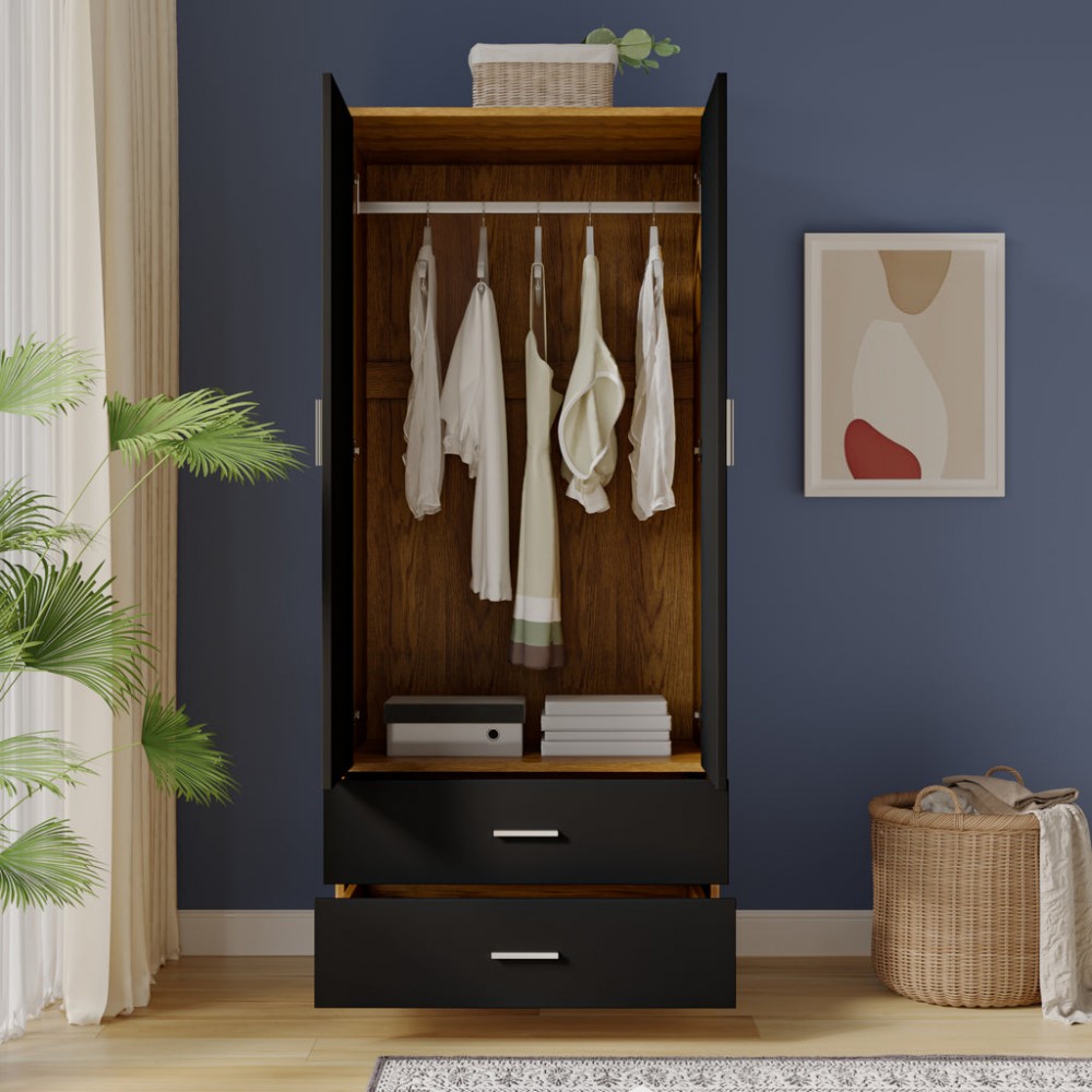 2 Door 2 Drawer Wardrobe with Hanging Rail Wooden Clothes Organizer ...